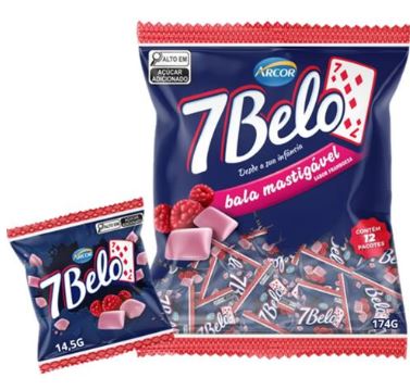 Bala 7 belo mastigável drageada sabor framboesa pacote com 12 unidades ...